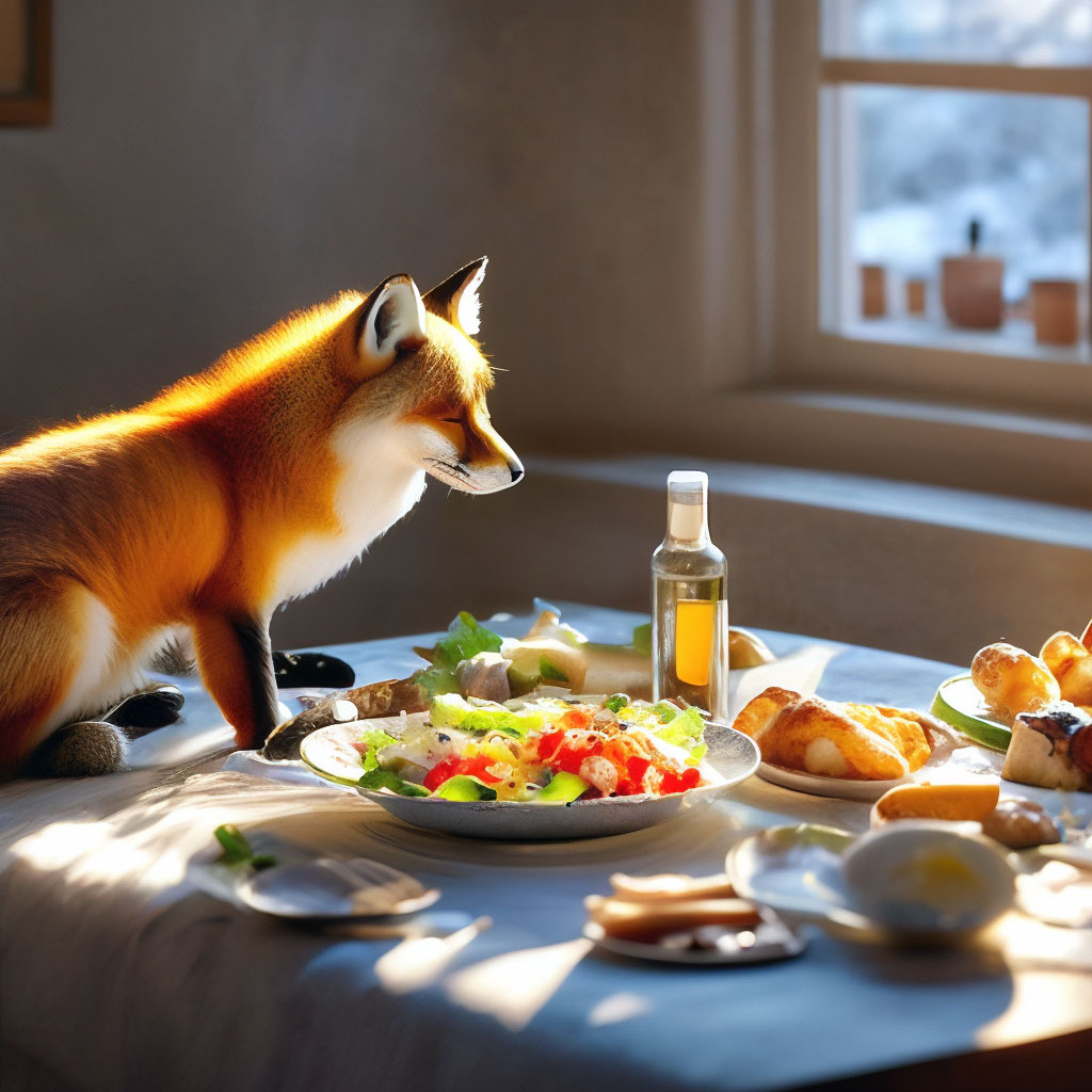 "It's a winter morning, a fox is sitting near the table, a salad with ...
