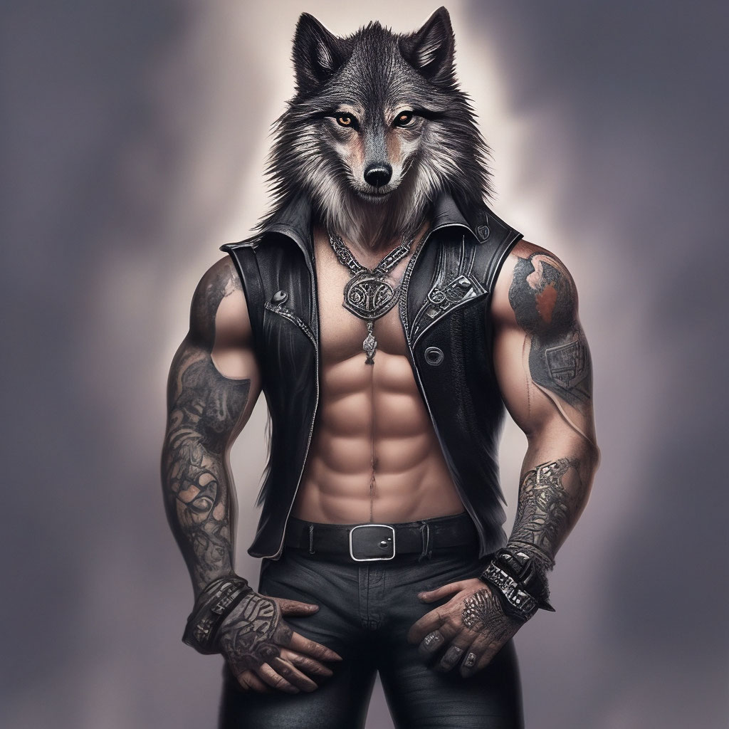 "Muscular furry wolf, tattoos, realistic, in black pants, with an open ...