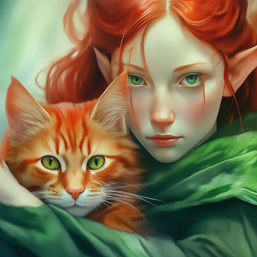 "A red paddle-eared cat with emerald eyes in the arms of a red-haired ...