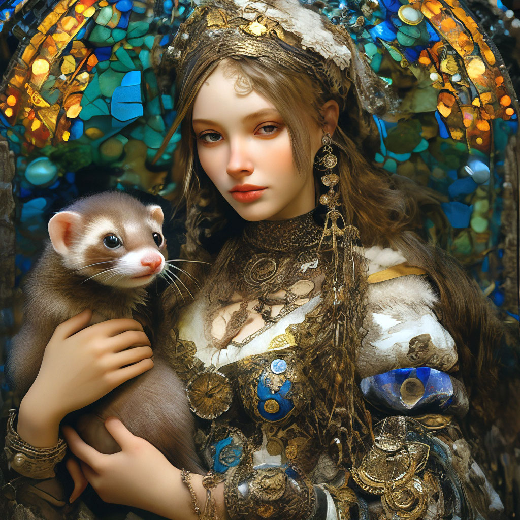"Girl with a ferret,steampunk,medieval clothes, grunge, glass, dark ...