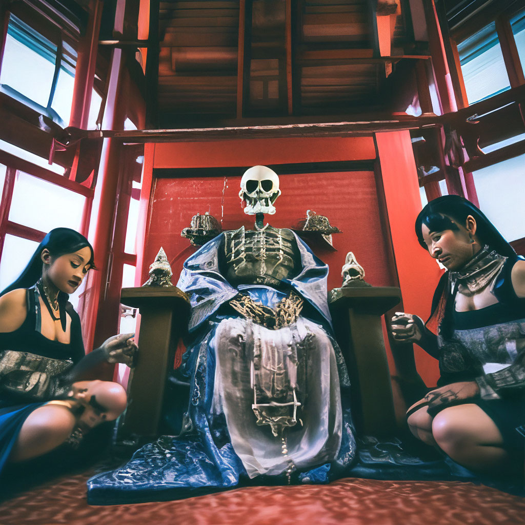 "On the throne sits a skeleton in a kimono and chained girls next to ...