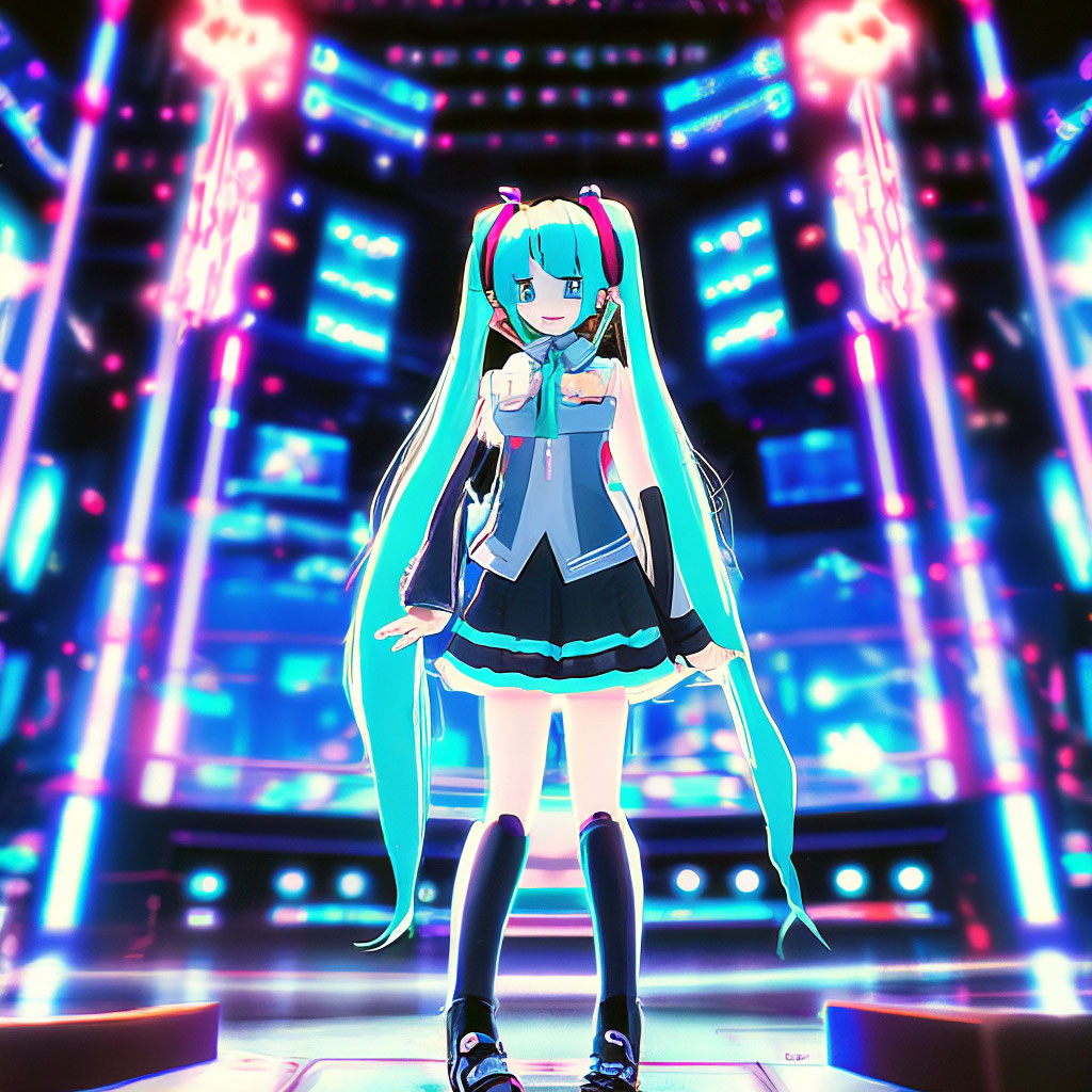 "Anime style Hatsune Miku Vocaloid on Stage, Blue neon lighting ...