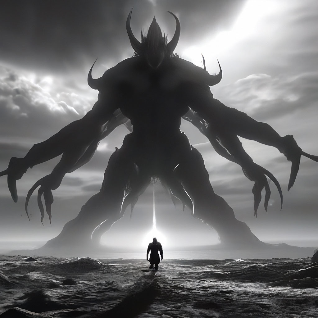 "Alien landscape, alien hell, darkness, black and white light, a huge ...
