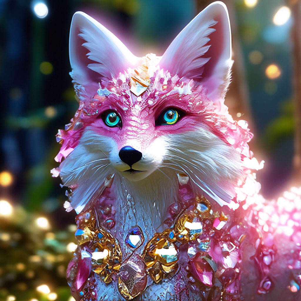 "Hyper realistic beautiful pink fox in full growth, crystals , white ...