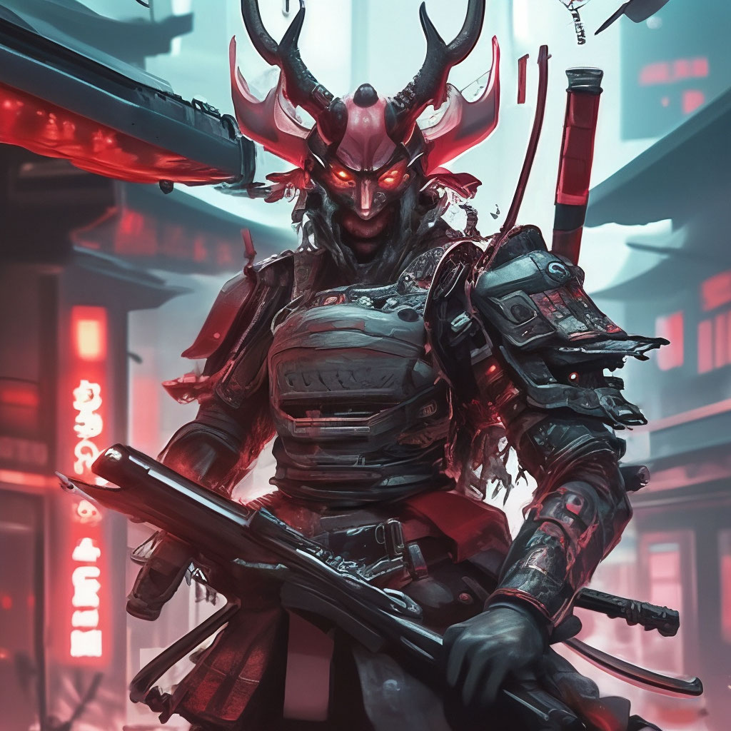 "A samurai demon with a firearm" — image created in Shedevrum