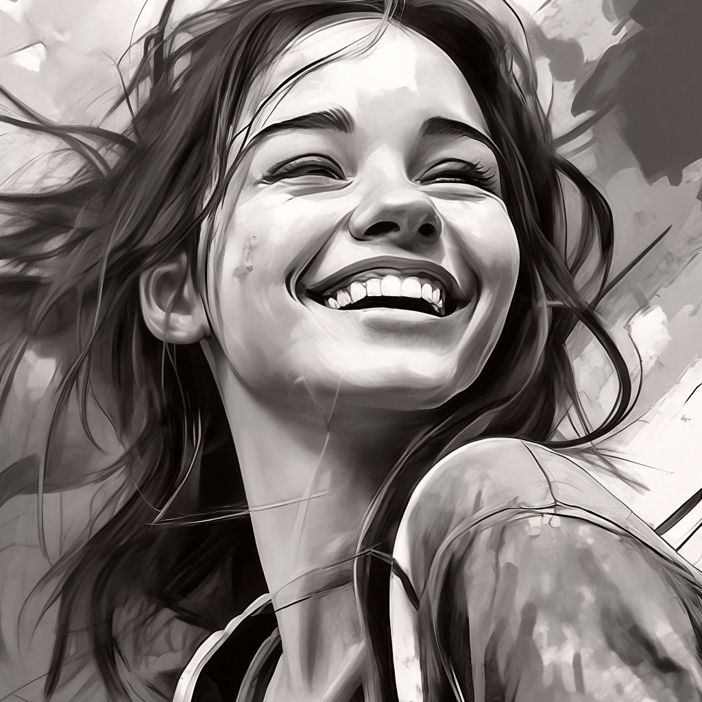 "Abstraction, girl smiling close-up, jump, sloppy drawing, sloppy style ...