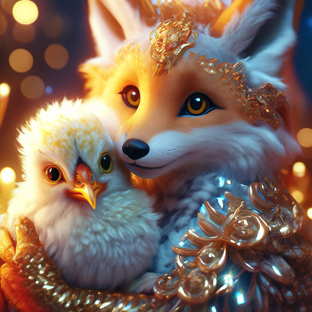 "Cute fluffy funny fox gently hugs a chicken,close-up, big eyes ...
