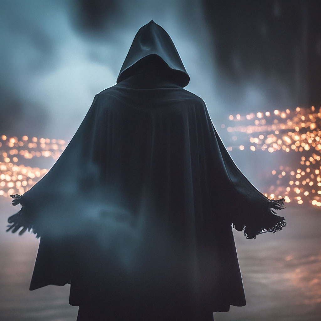 "A sorcerer of black magic, in a black cloak." — image created in Shedevrum