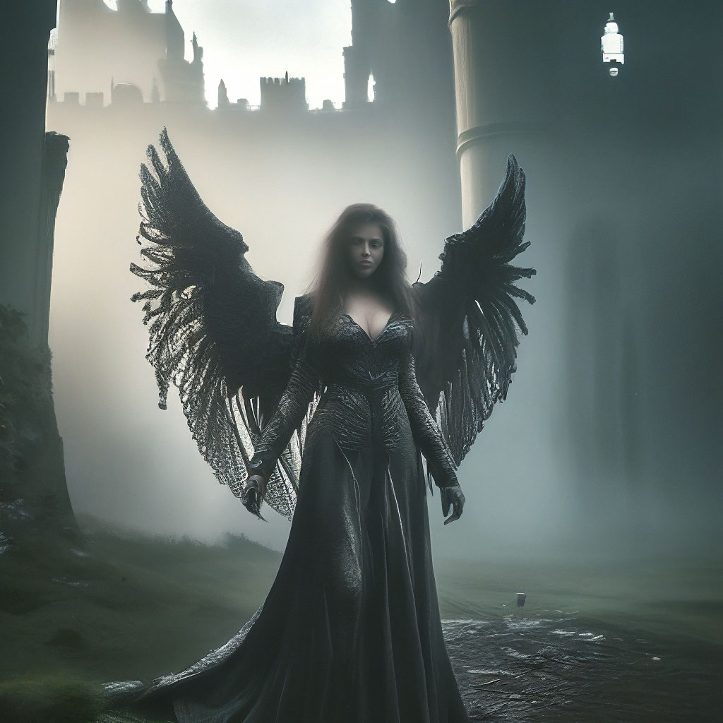 "Fallen angel, medieval castle, beautiful, close-up, professional photo ...