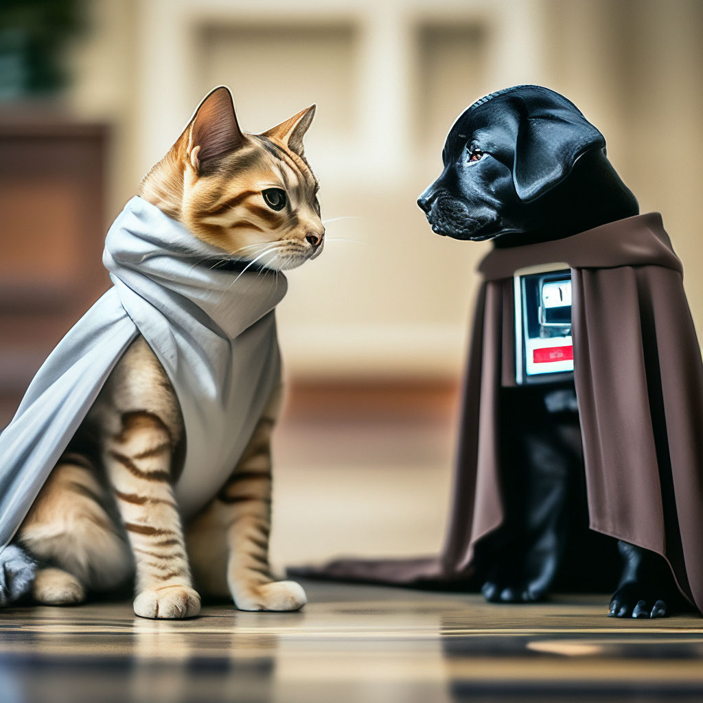 "Jedi cat vs sith dog" — image created in Shedevrum