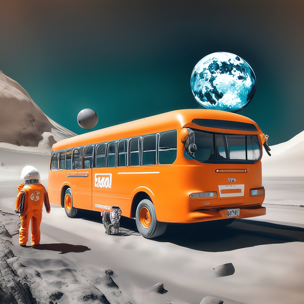 "An orange bus rides on the moon, the Moon-Earth route is indicated on ...