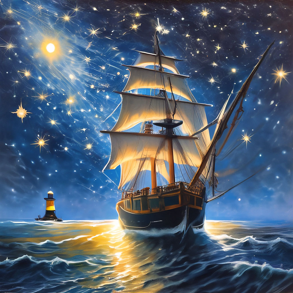 "A sailing ship sails on the sea to the light where there is a shining ...