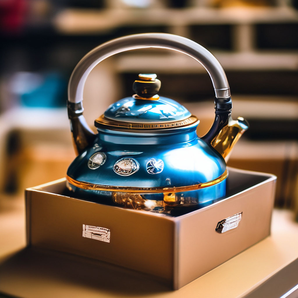 "The kettle in the box is packed brightly" — image created in Shedevrum