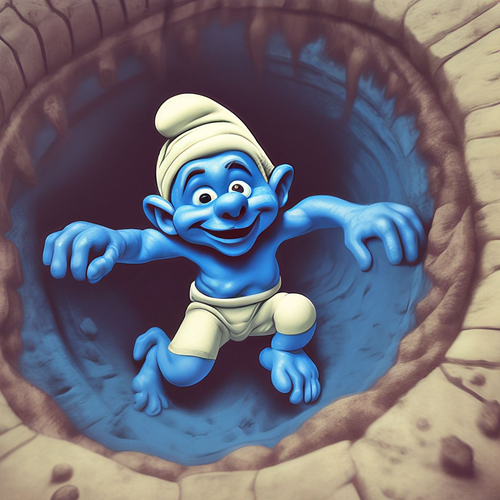 "Anthropomorphic smurf wrinkled up and fell into the pit, CGI" — image ...