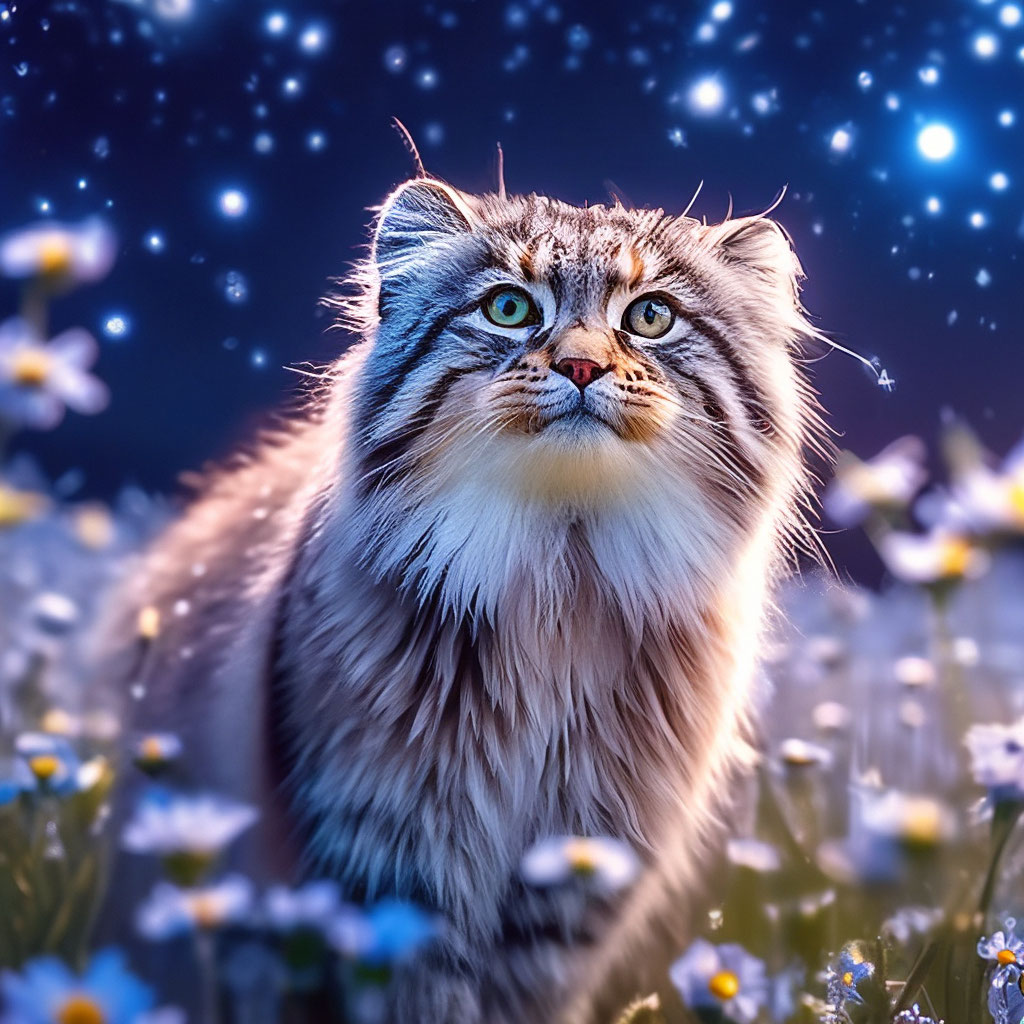 "Cute fabulous fluffy wild cat manul in a cornflower field at night ...