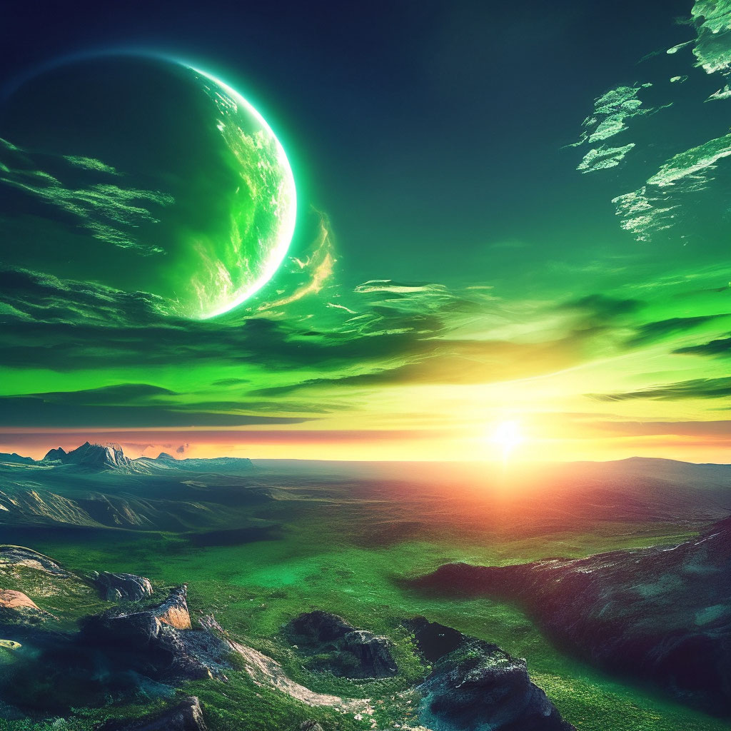 "Green sunset on another planet, , beautiful, professional photo, high ...