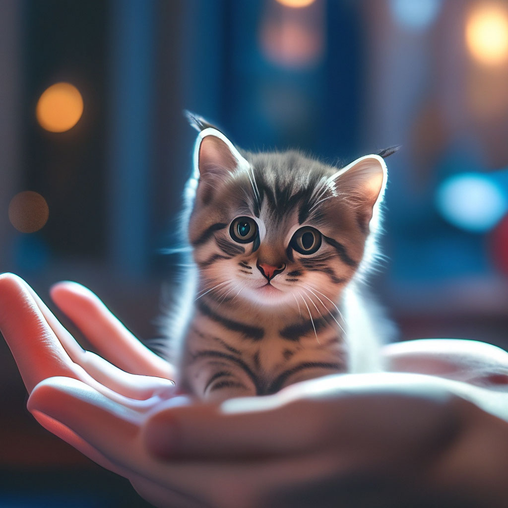 "A small cat sits on the palm of his hand, realistic, beautiful ...