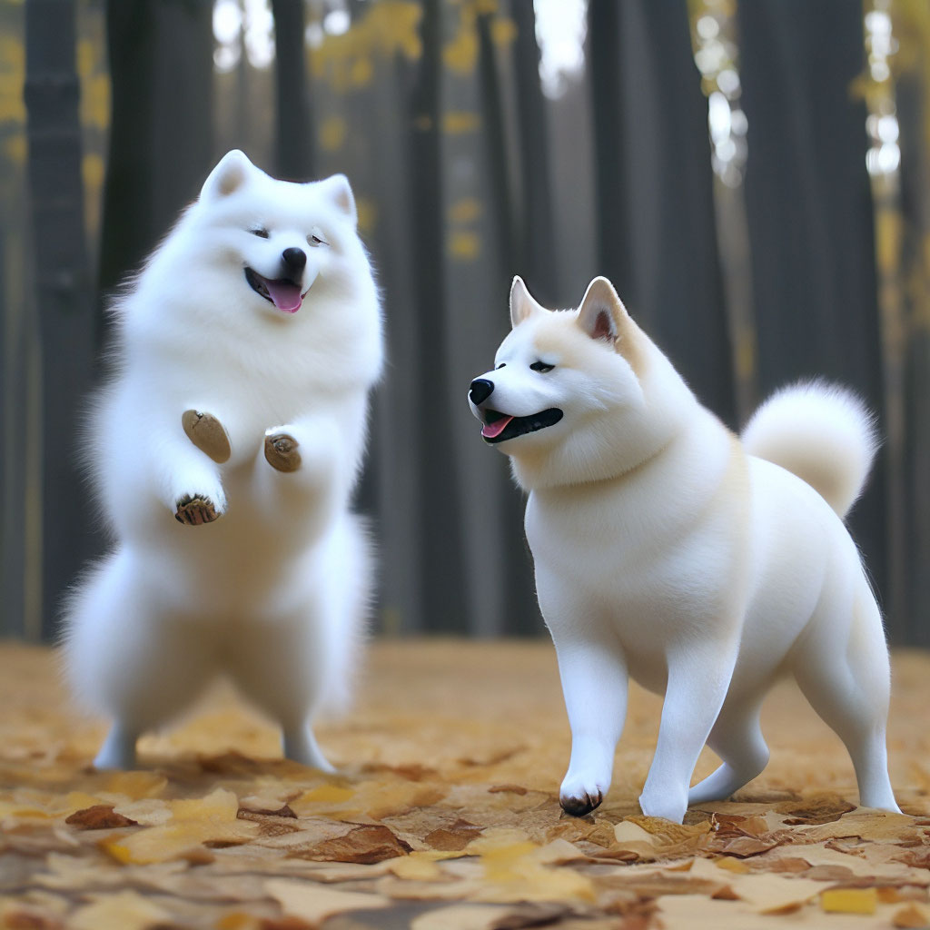 "Samoyed dancing with shiba inu" — image created in Shedevrum