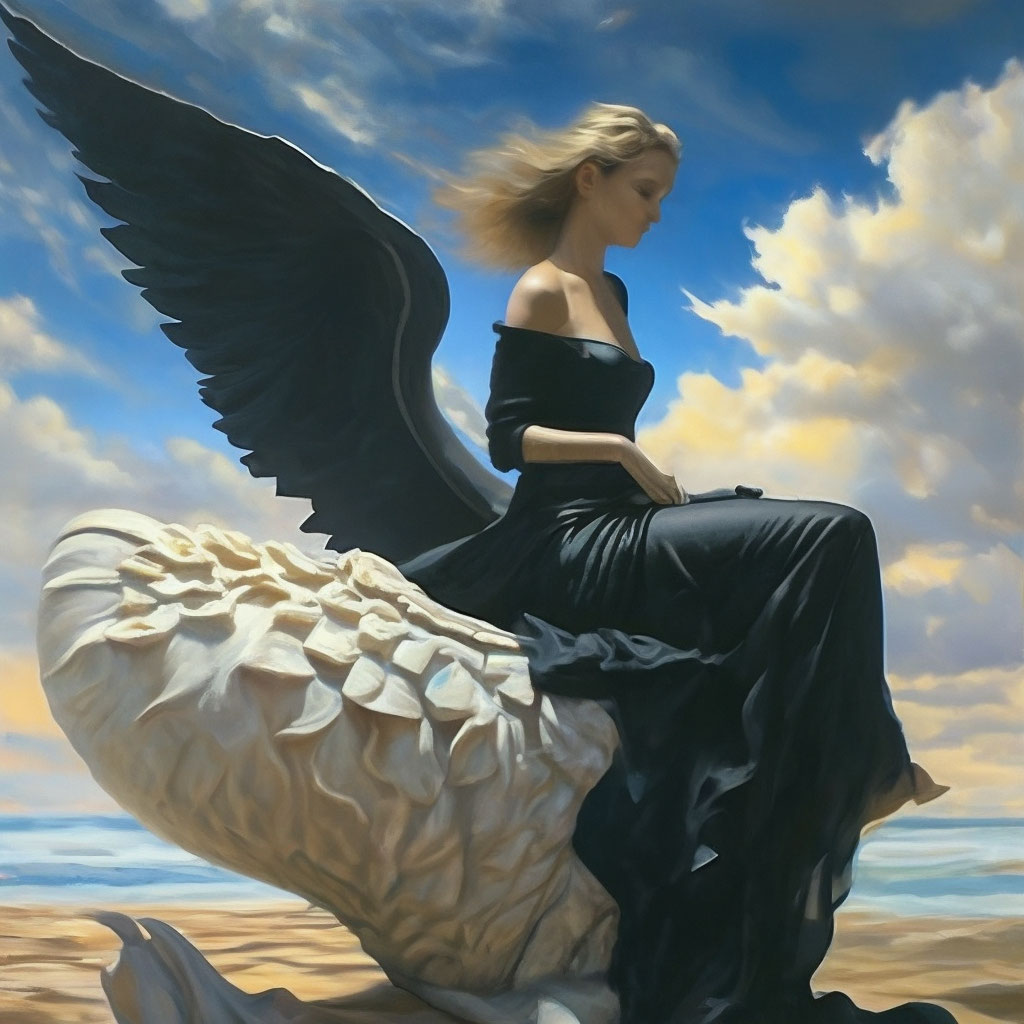 "Fabulous surrealism Konstantin Batrak art on clouds an angel in black ...