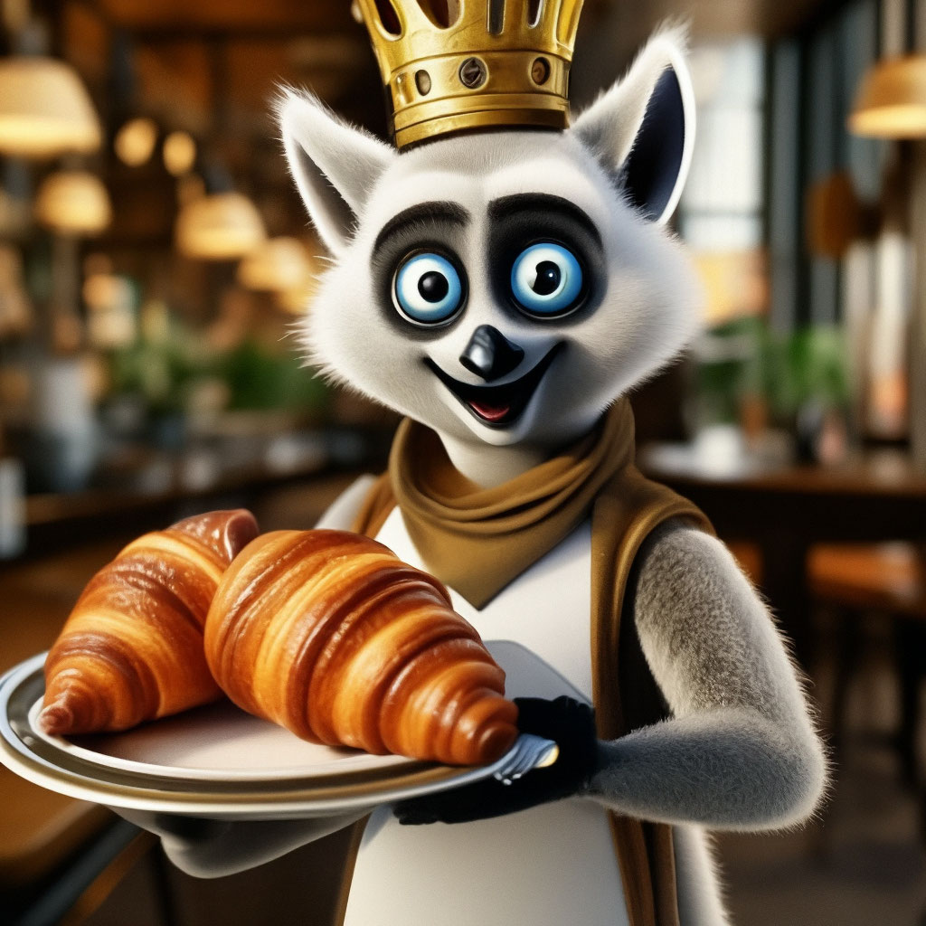 "King Julian from Madagascar, works as a waiter, serves croissants in a ...