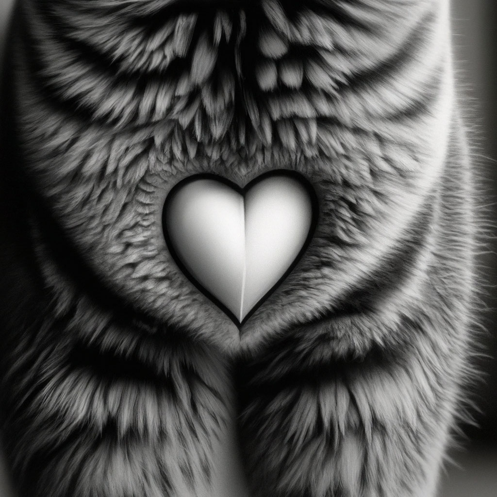 "A small fluffy 5d heart under the tail of a cat" — image created in ...
