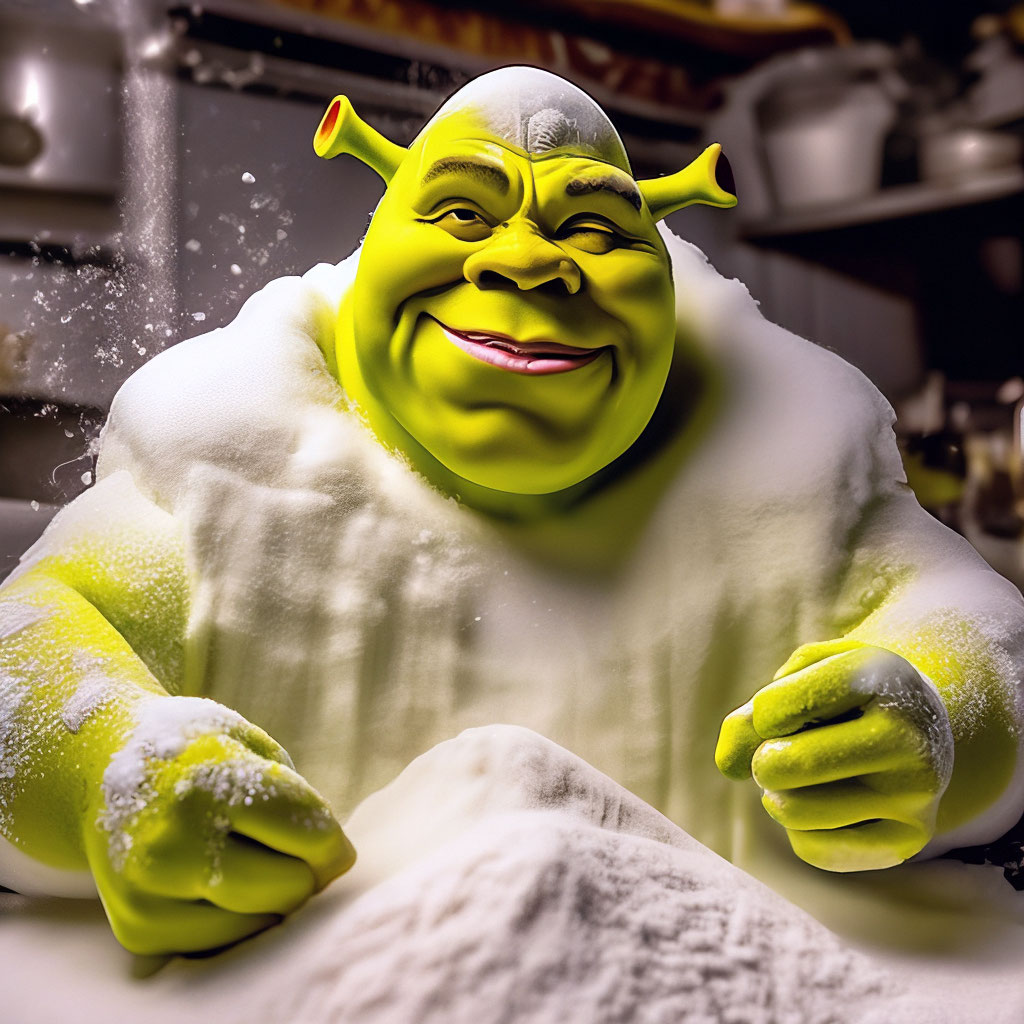 "Shrek don carleone is covered in powdered sugar" — image created in ...