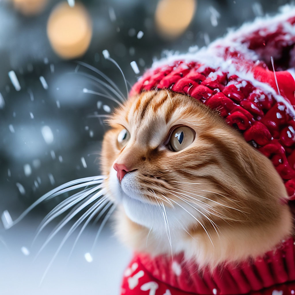 "A fluffy red cat in a New Year's sweater and hat looks at the falling ...