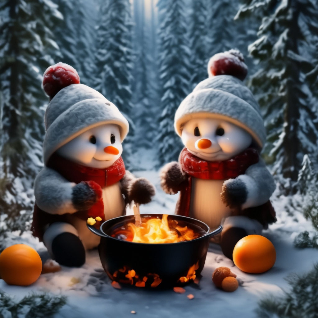 "In a snow-covered spruce forest, mischievous snowmen cook mulled wine ...