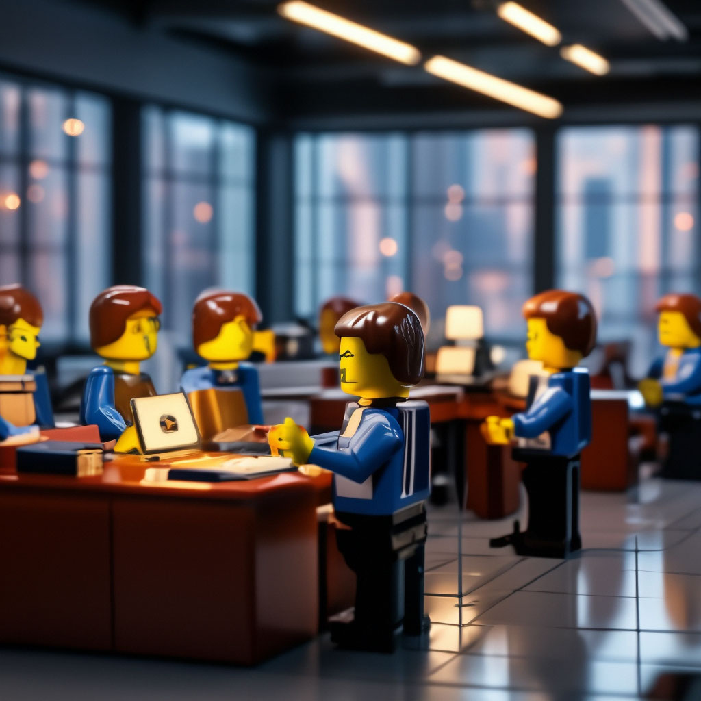 "🕹️ 3d, Lego men in the office. a lot of people are all working ...