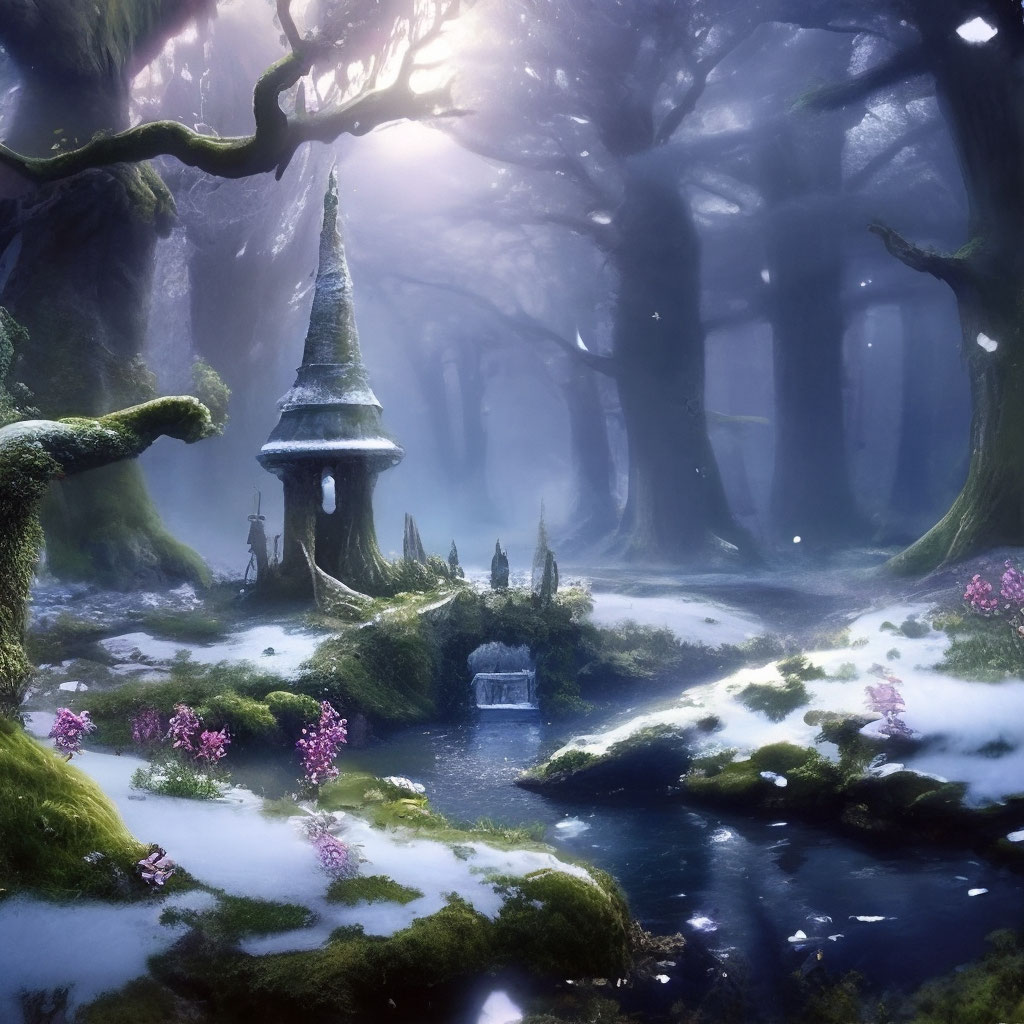 "An anthropomorphic fairy-tale forest in a clearing, a pale moon, the ...