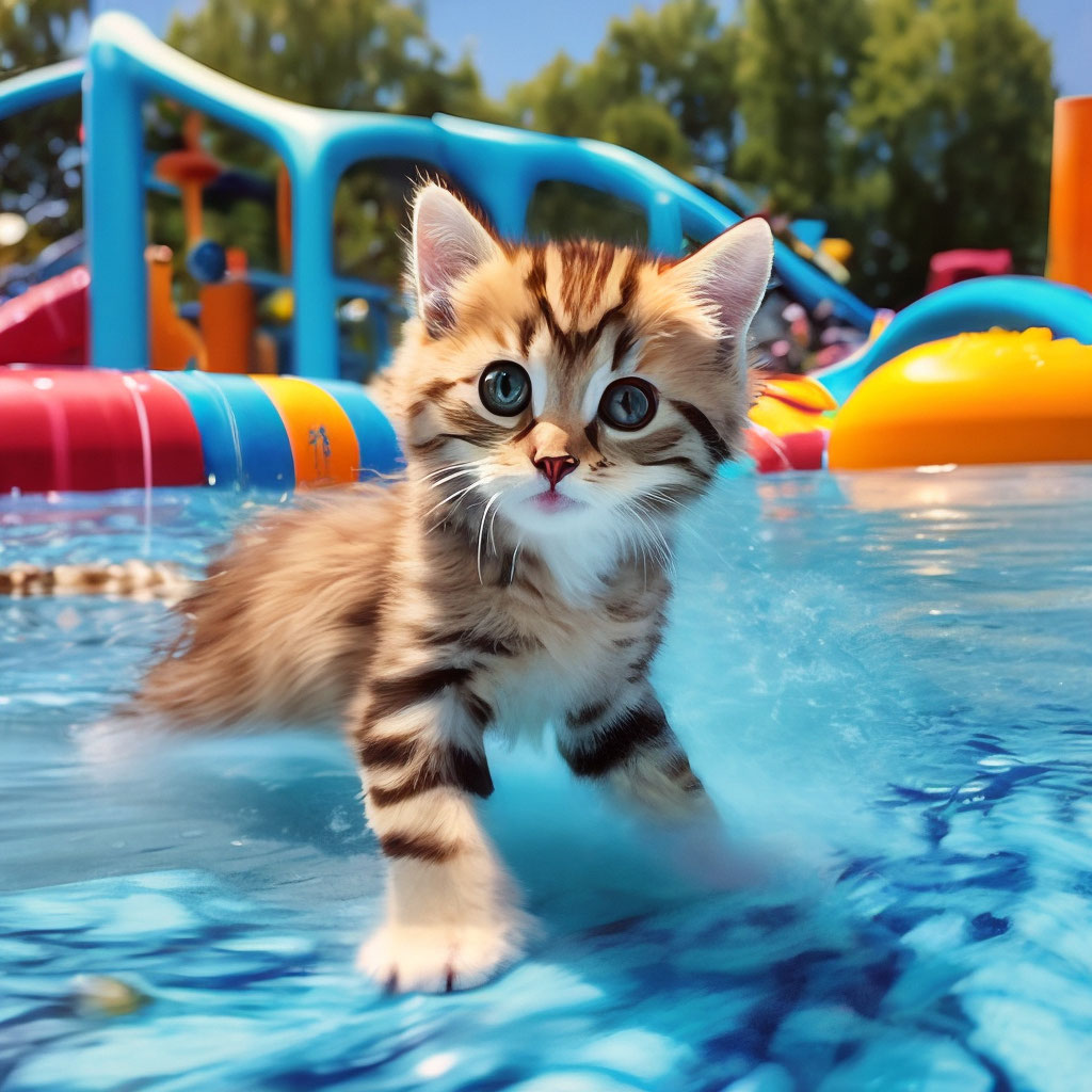 "A kitten in a water park" — image created in Shedevrum