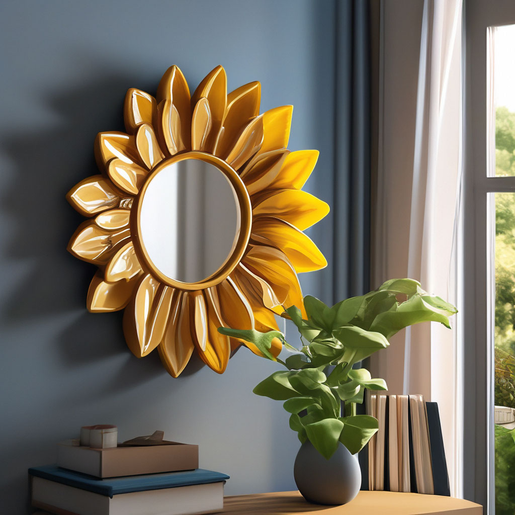 "A mirror in the shape of a sunflower, hanging on the wall, next to a ...