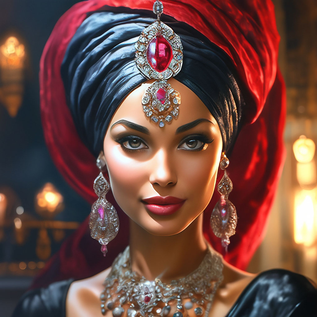"Black, turban, rubies, hyperrealism, spectacular, fashionable, next to ...