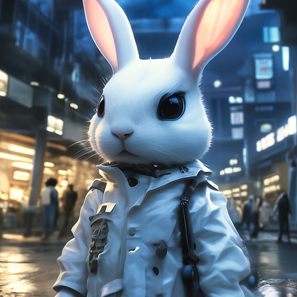 "Realistic, high quality detail, very cute cybernetic rabbit ...