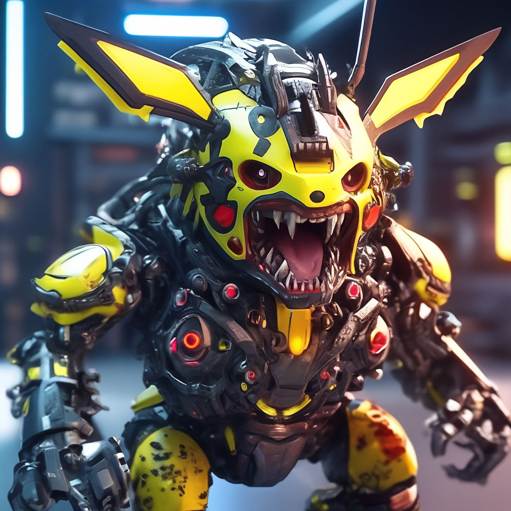 "Terrible biotanical robot pikachu with big muscles and scary fangs ...