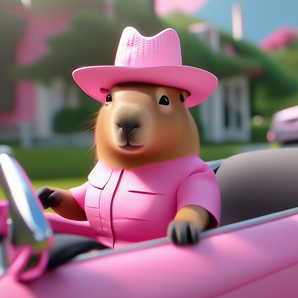 "Capybara barbie on pink car s pink dress and pink hat 4k 128k 800k ...