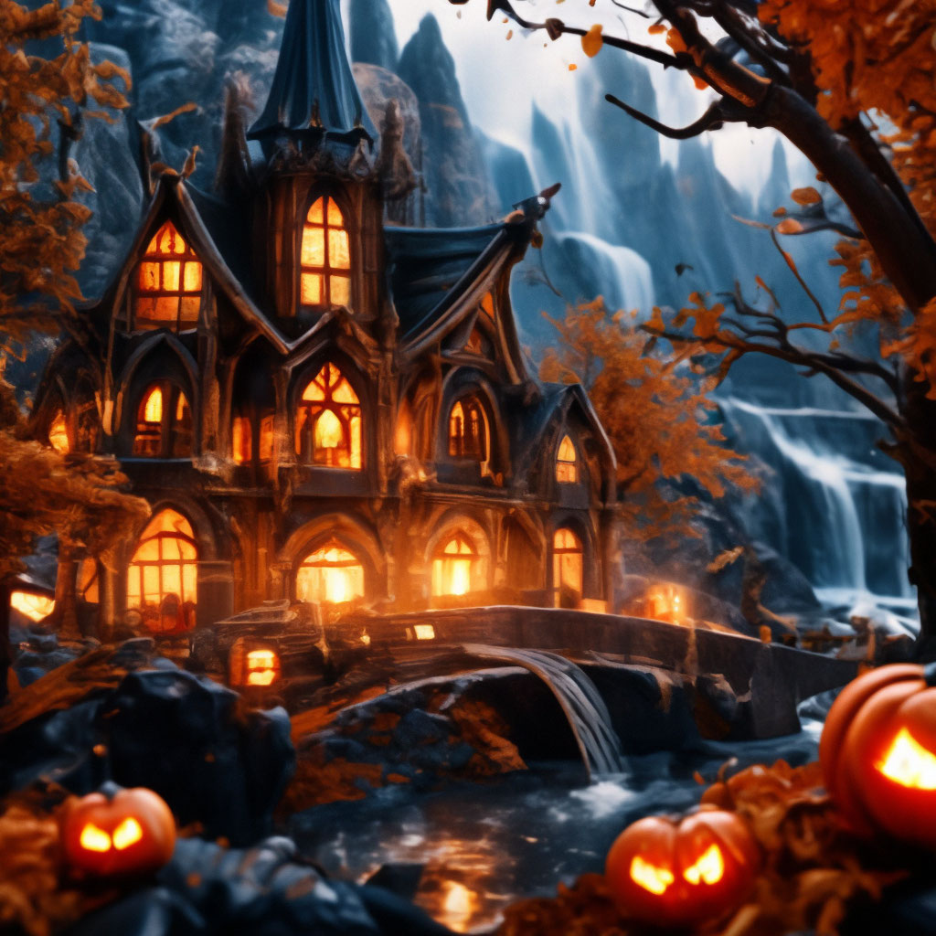 "Cinematic epic city of dark elves, decorated for Halloween, lots of ...