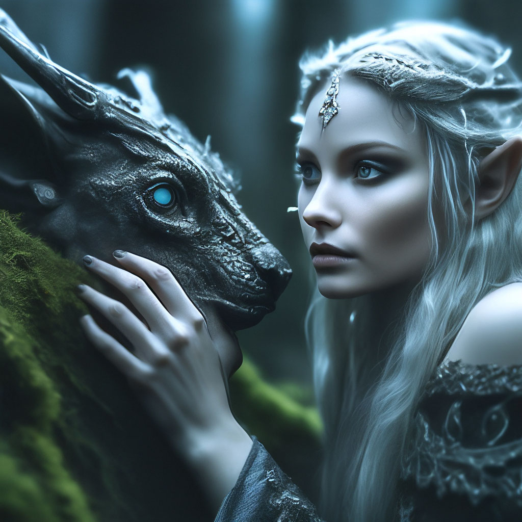 "Beautiful elf girl playing hide-and-seek with a demon, in a mystical ...