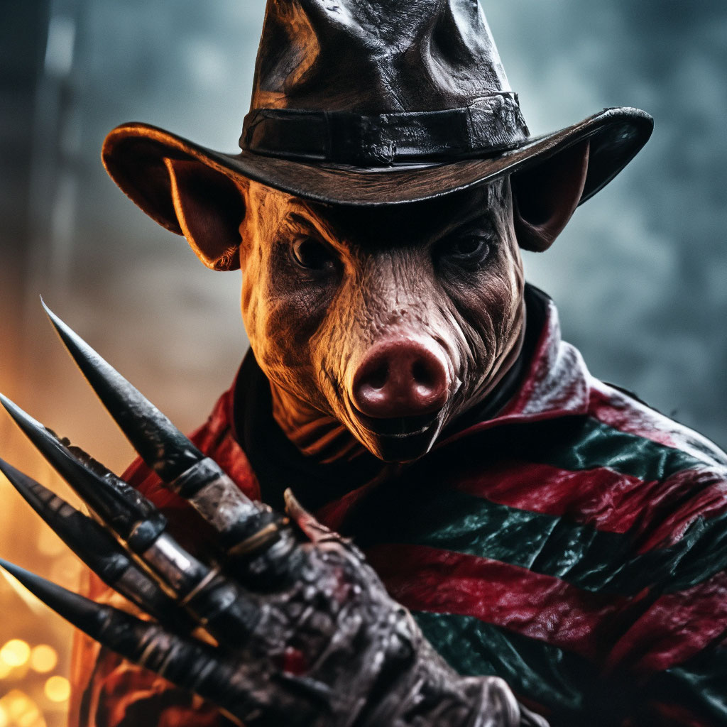 "Pig fredy kruger, in a leather mask, iron claws, fog, super detail ...