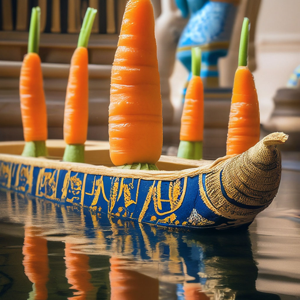 "Ancient egypt, carrot collaboration on papyrus, pharaoh's boat sailing ...