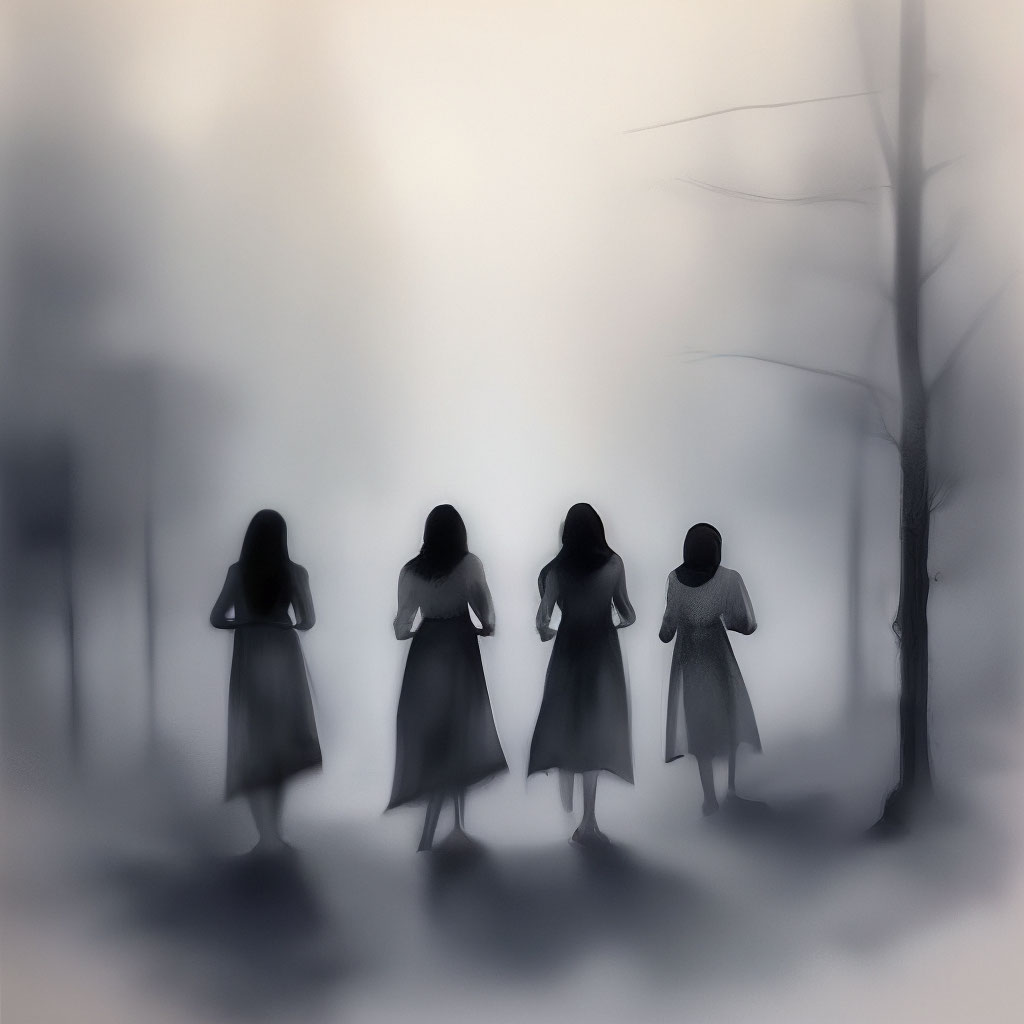 "Born in the fog, several girls in the fog in light clothes, open ...