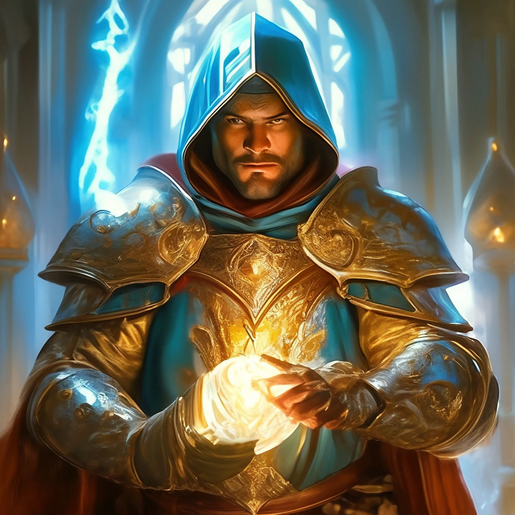 "The magician conjures a spell, in epic armor from mithril, heroes of ...