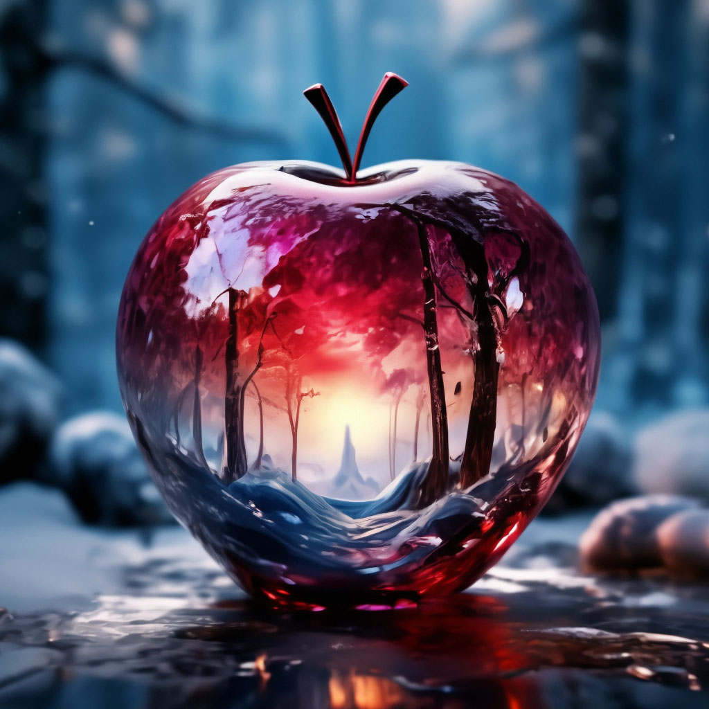 "🍎🍎🍎 An epic crystal apple with a very beautiful winter forest glowing ...