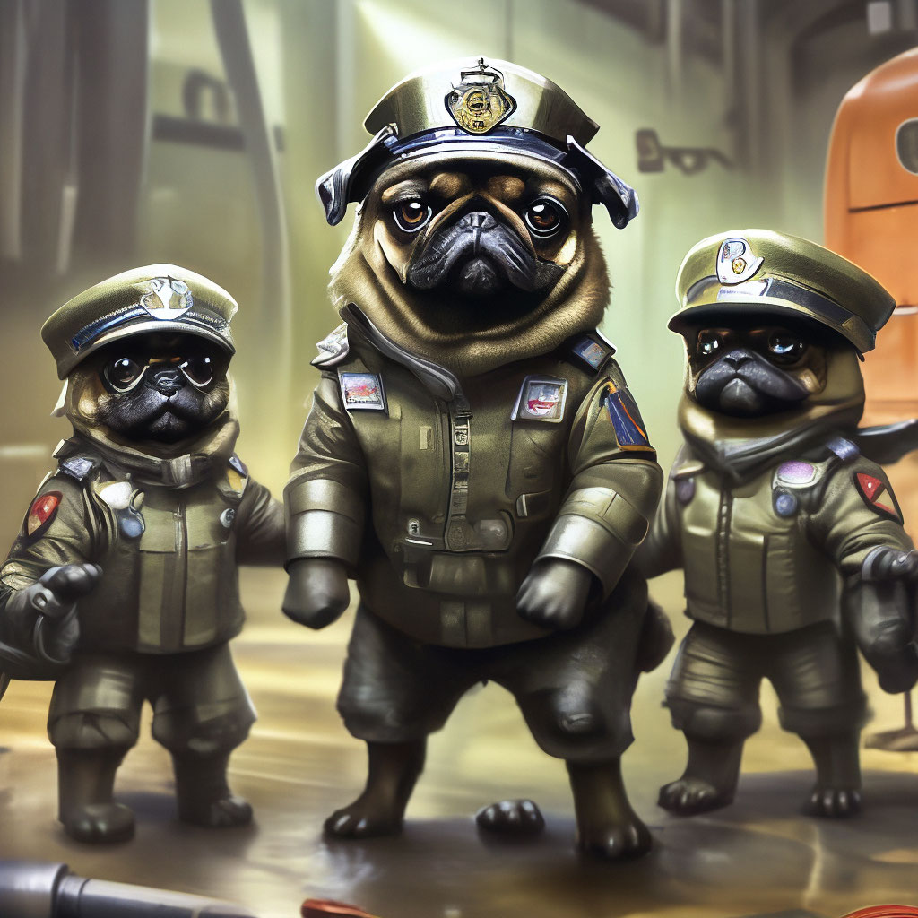 "A pug in special forces clothes with two pug cadets arrests a cat ...