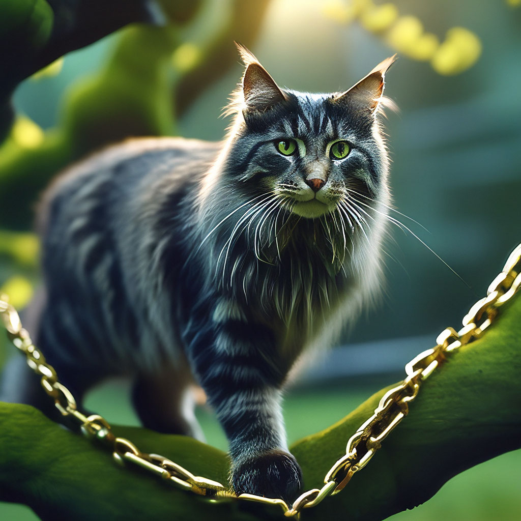 "32k, professional photography, A bayun cat walks on a golden chain ...