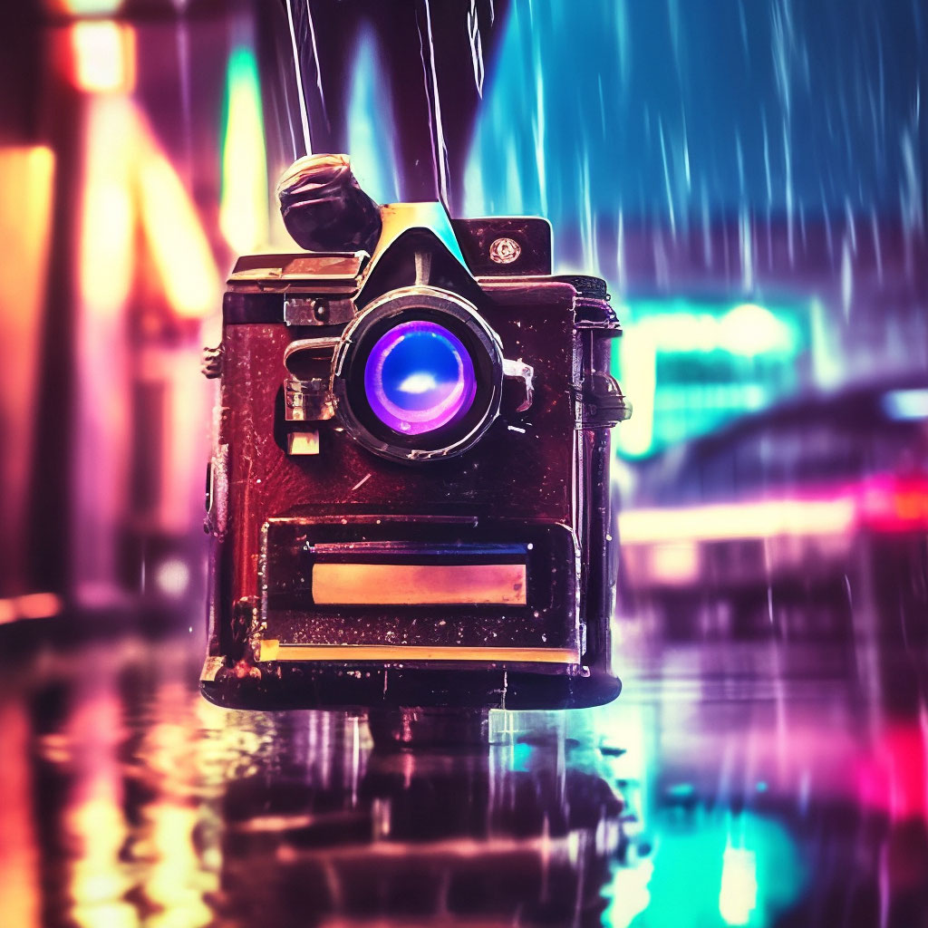 "Wet camera in the rain, neon light from behind, photographer" — image ...