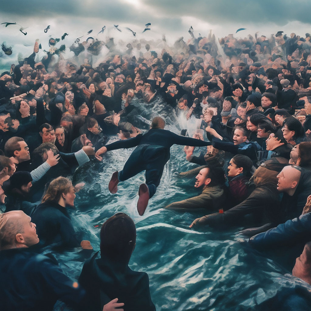 "I dive headfirst into a sea of people" — image created in Shedevrum