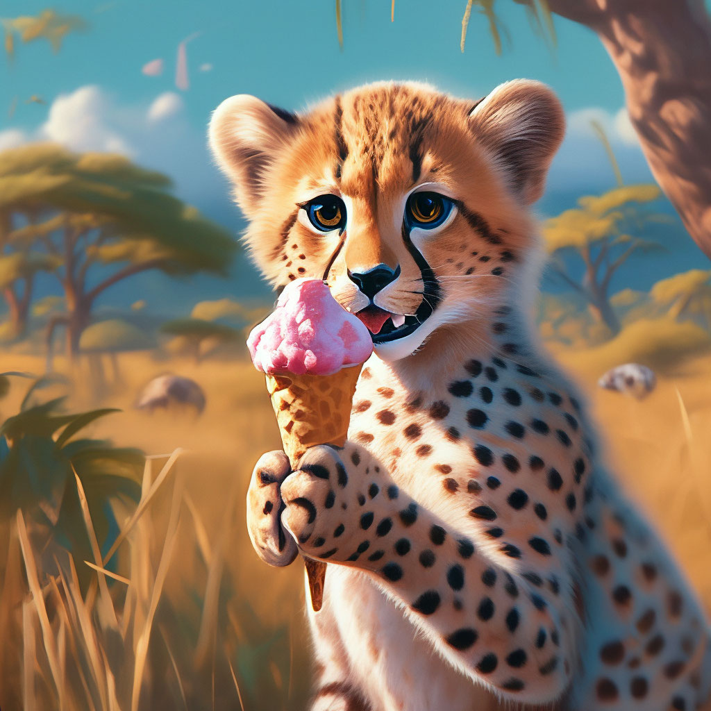 "A little cheetah holds an ice cream and shares with the topic on whom ...