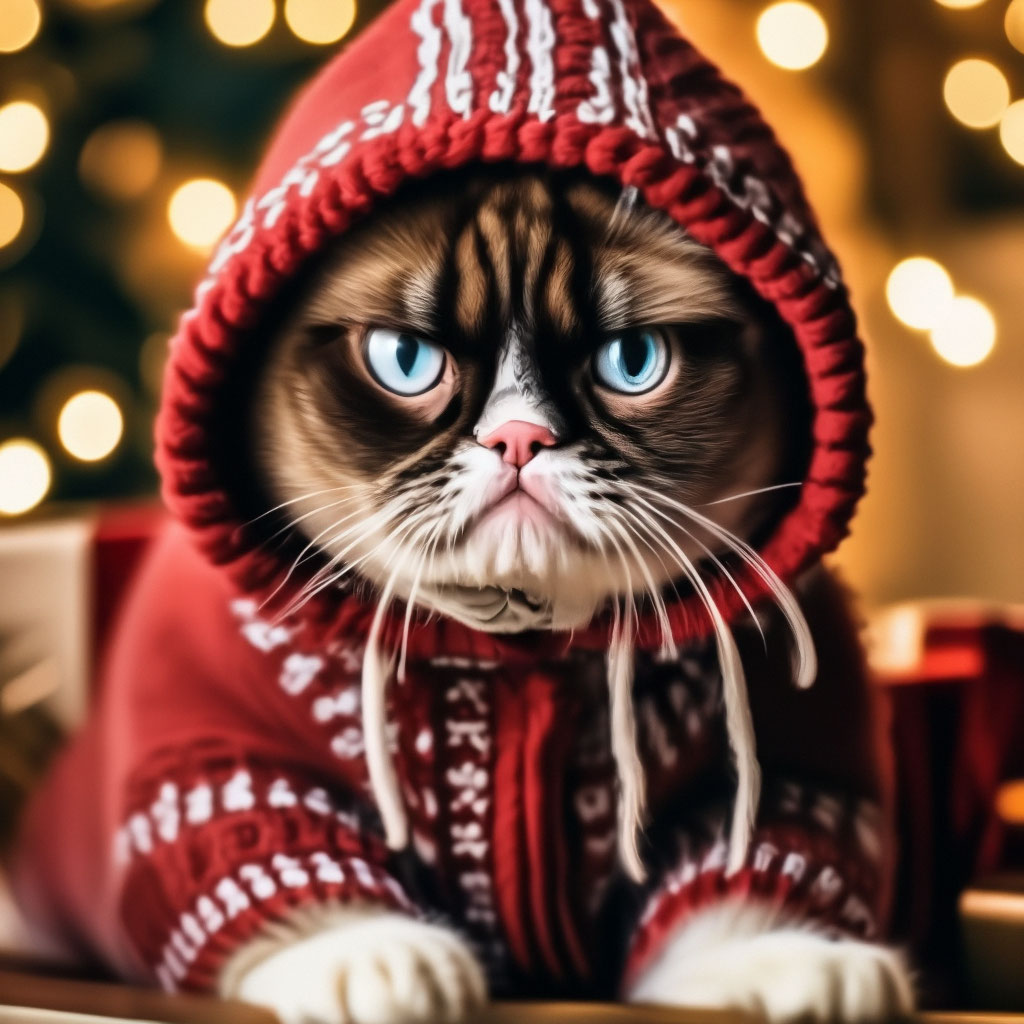 "Happiness 😉😉 sitting grumpy cat in a New Year's knitted suit with a ...