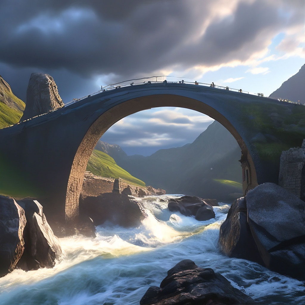 "Old stone round bridge, between two rocks over a mountain stormy river ...